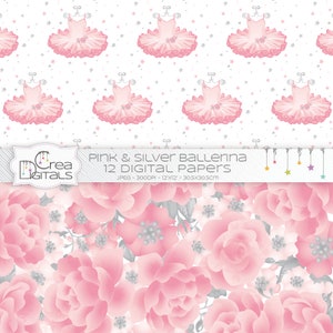 Ballerina, 12 Pink and Silver Digital Papers, Ballet and Tutu ...