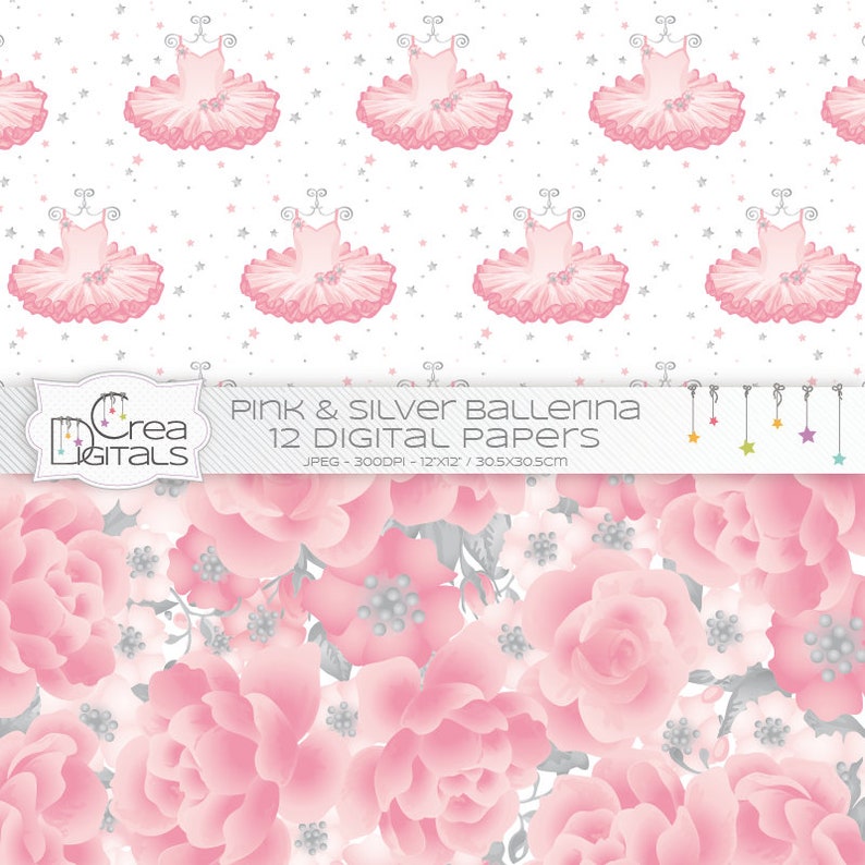 Ballerina, 12 Pink and Silver Digital Papers, Ballet and Tutu ...