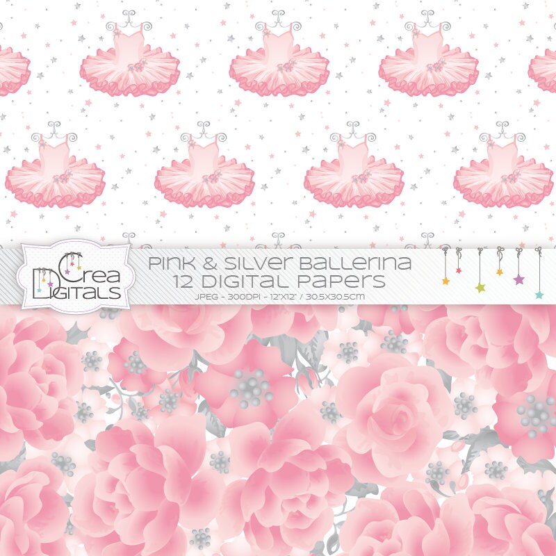 Ballerina, 12 Pink and Silver Digital Papers, Ballet and Tutu ...