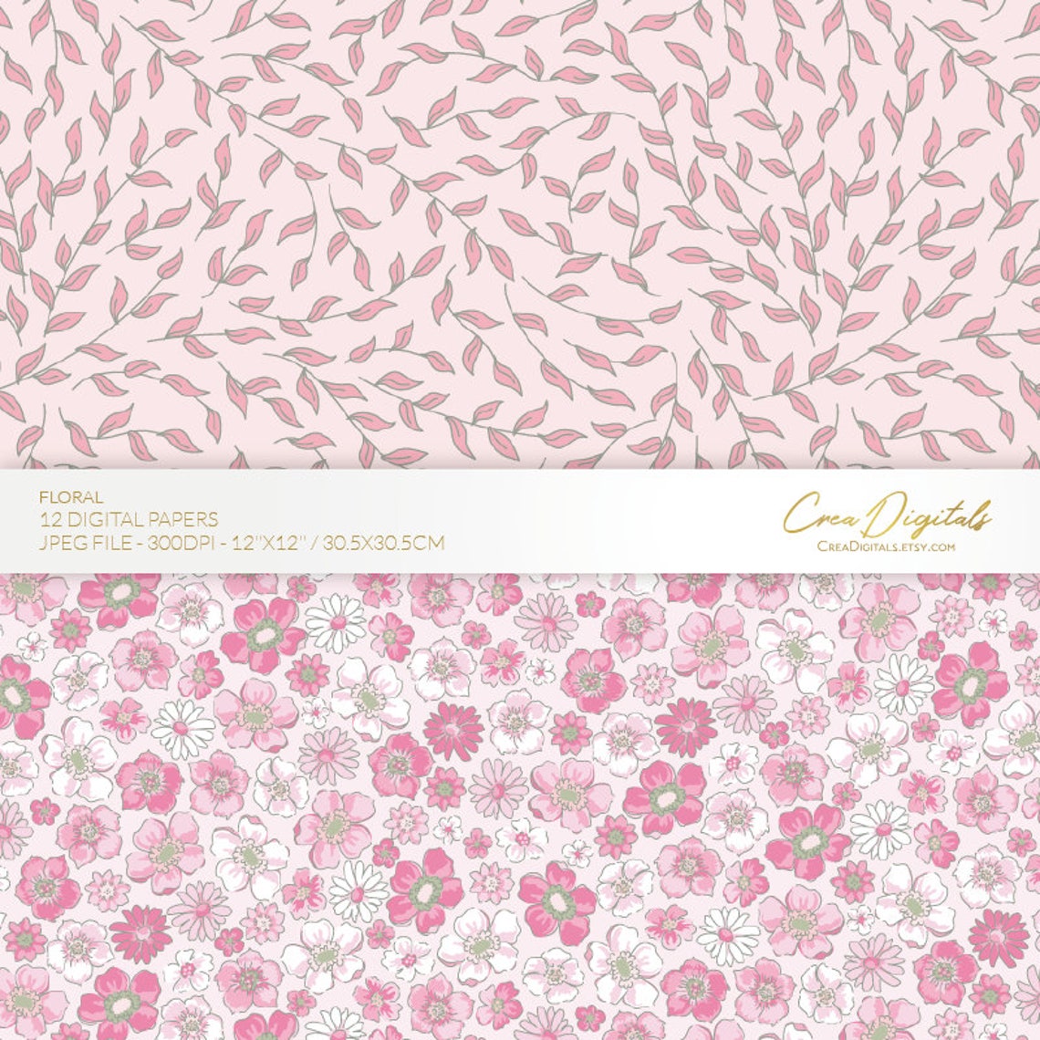 Floral Digital Paper, Pink Seamless Pattern, Ditsy Flowers, 12 Digital ...