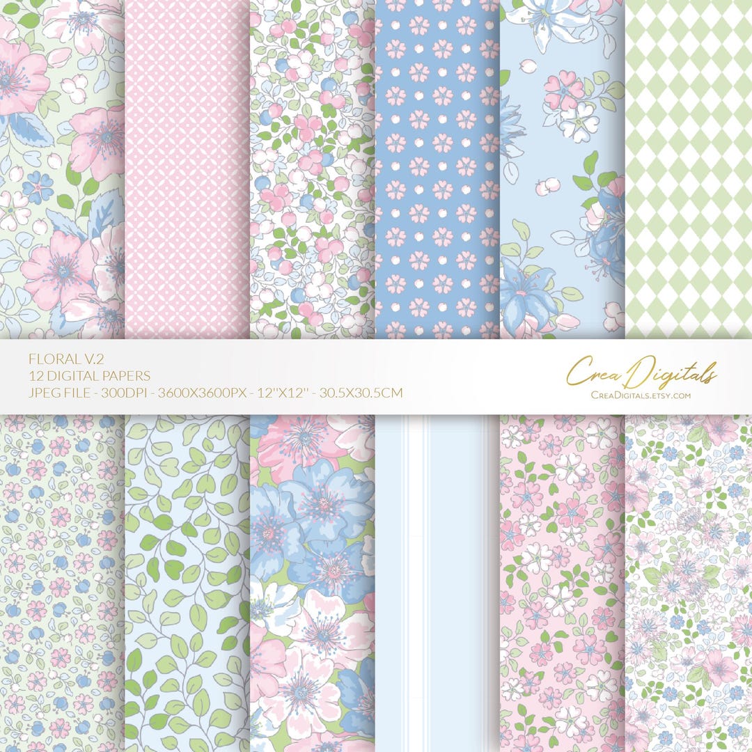 Floral Digital Paper, Baby Blue, Pink and Green Seamless Pattern, Ditsy ...