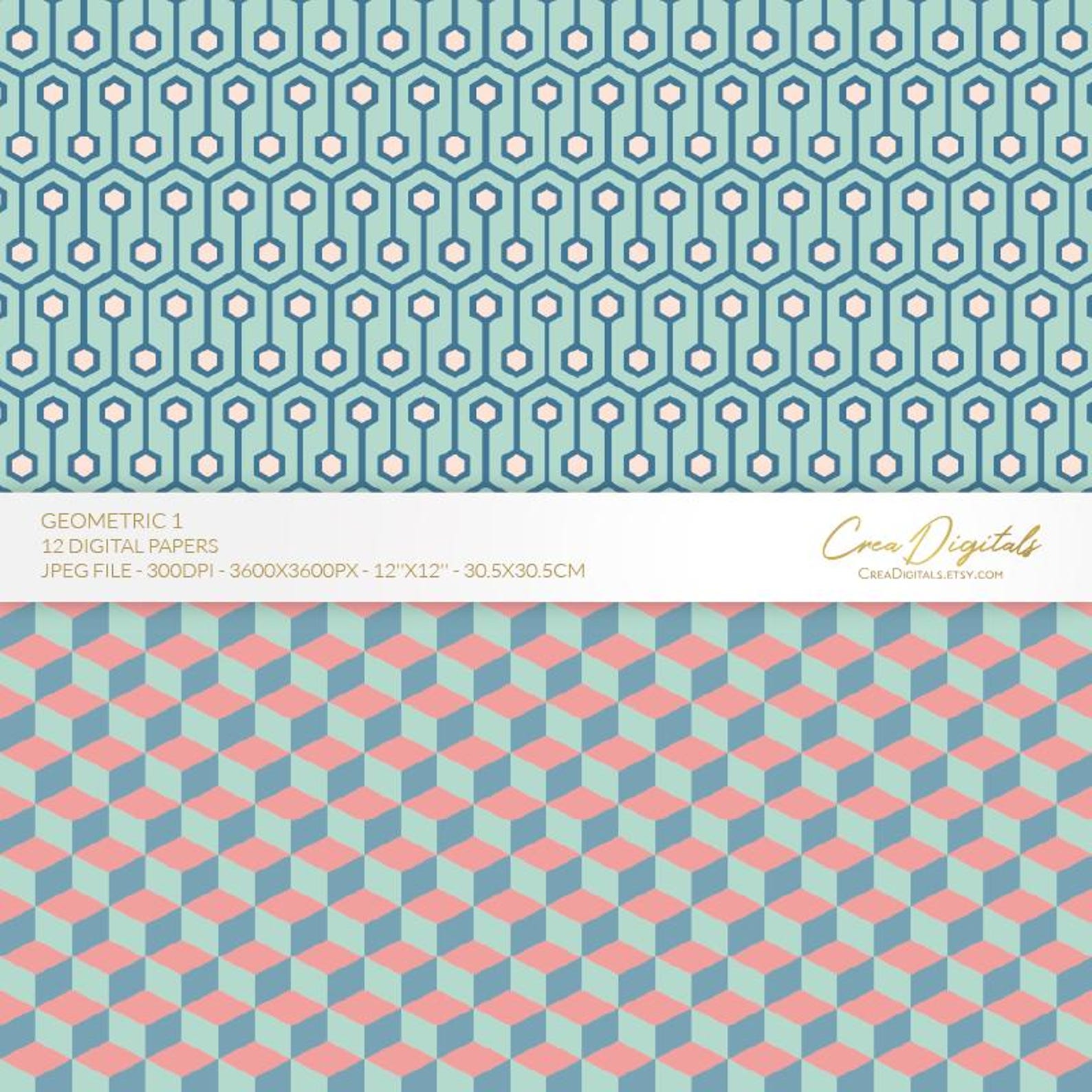 Geometric Digital Pattern, 12 Coral and Blue Printable Papers ...