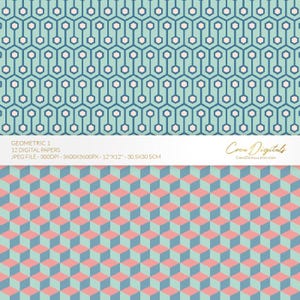 Geometric Digital Pattern, 12 Coral and Blue Printable Papers ...
