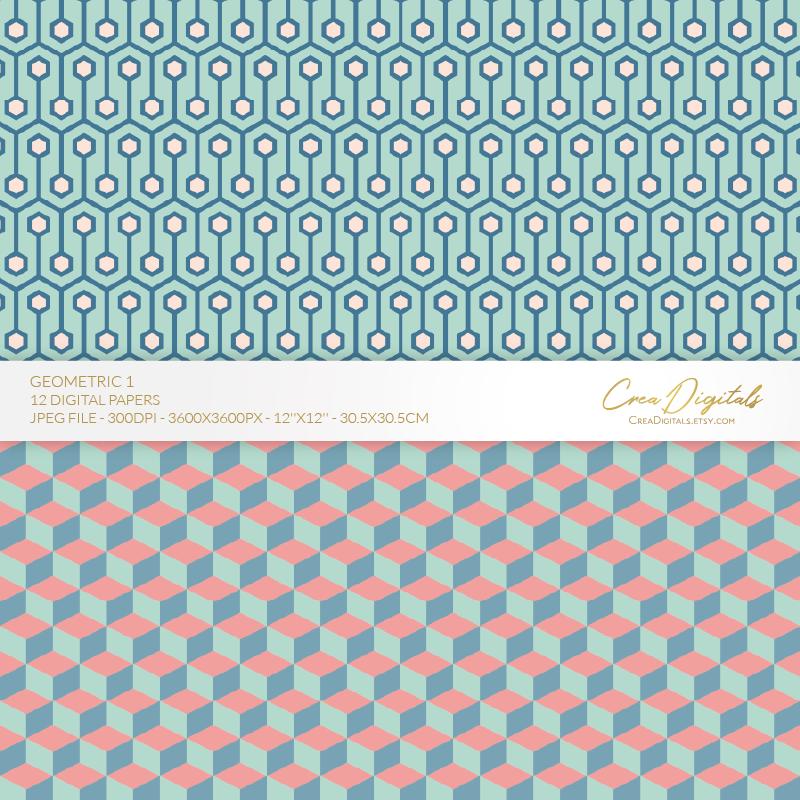Geometric Digital Pattern, 12 Coral and Blue Printable Papers ...