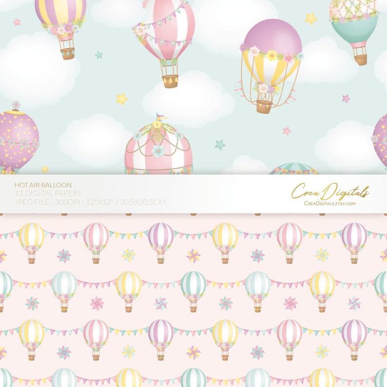 Hot Air Balloon Digital Paper, Kite, Clouds, Bow, Pinwheel, Stars, Pink ...