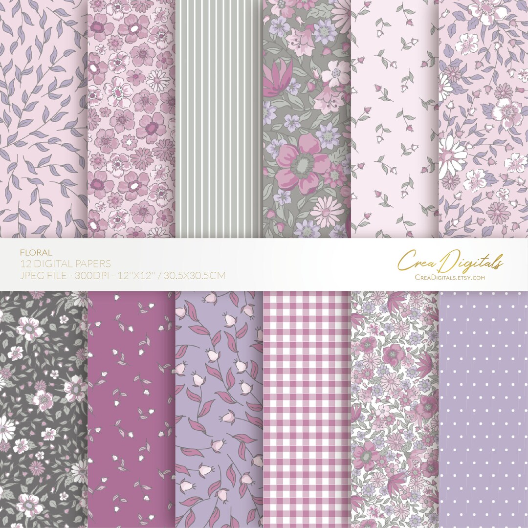 Floral Digital Paper, Lavender and Grey Seamless Pattern, Ditsy Flowers ...