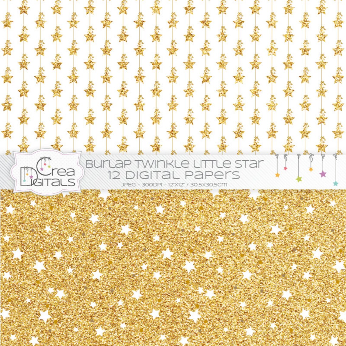 Burlap and Gold Glitter Twinkle Little Star, 12 Digital Papers, INSTANT ...