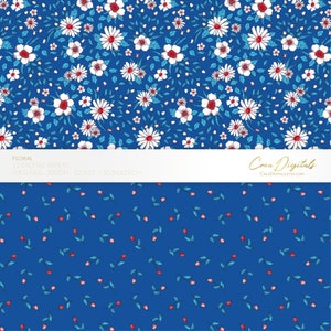 Floral Digital Paper, Red and Blue Seamless Pattern, Ditsy Flowers, 12 ...