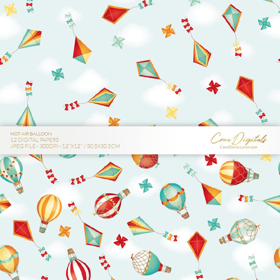 Hot Air Balloon Digital Paper Kite Clouds Bow Pinwheel | Etsy