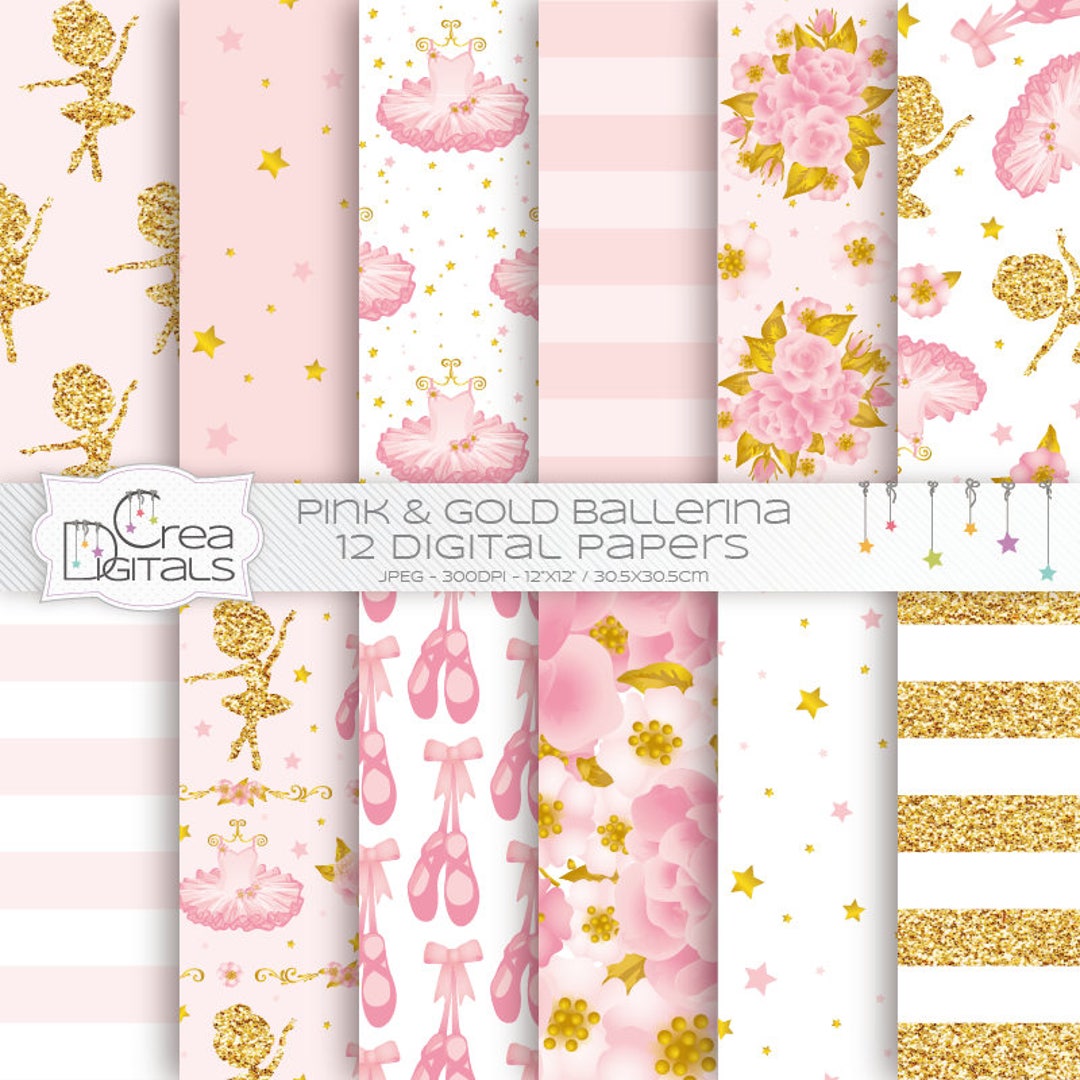 Ballerina, 12 Pink and Gold Digital Papers, Ballet and Tutu Printables ...