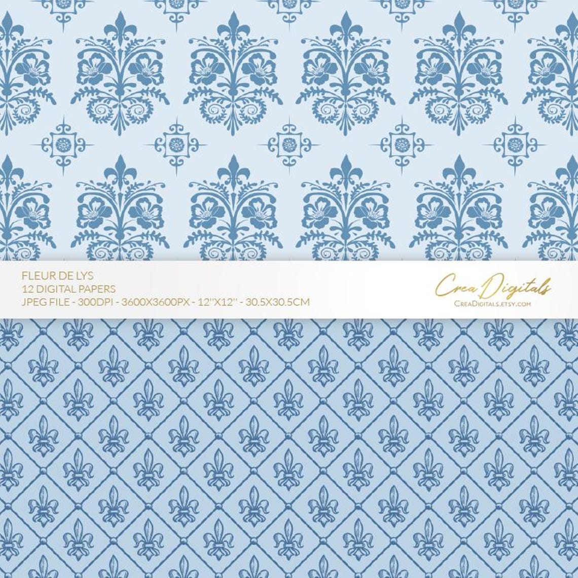 Fleur De Lys Digital Pattern, 12 Blue Printable Papers, Historical ...