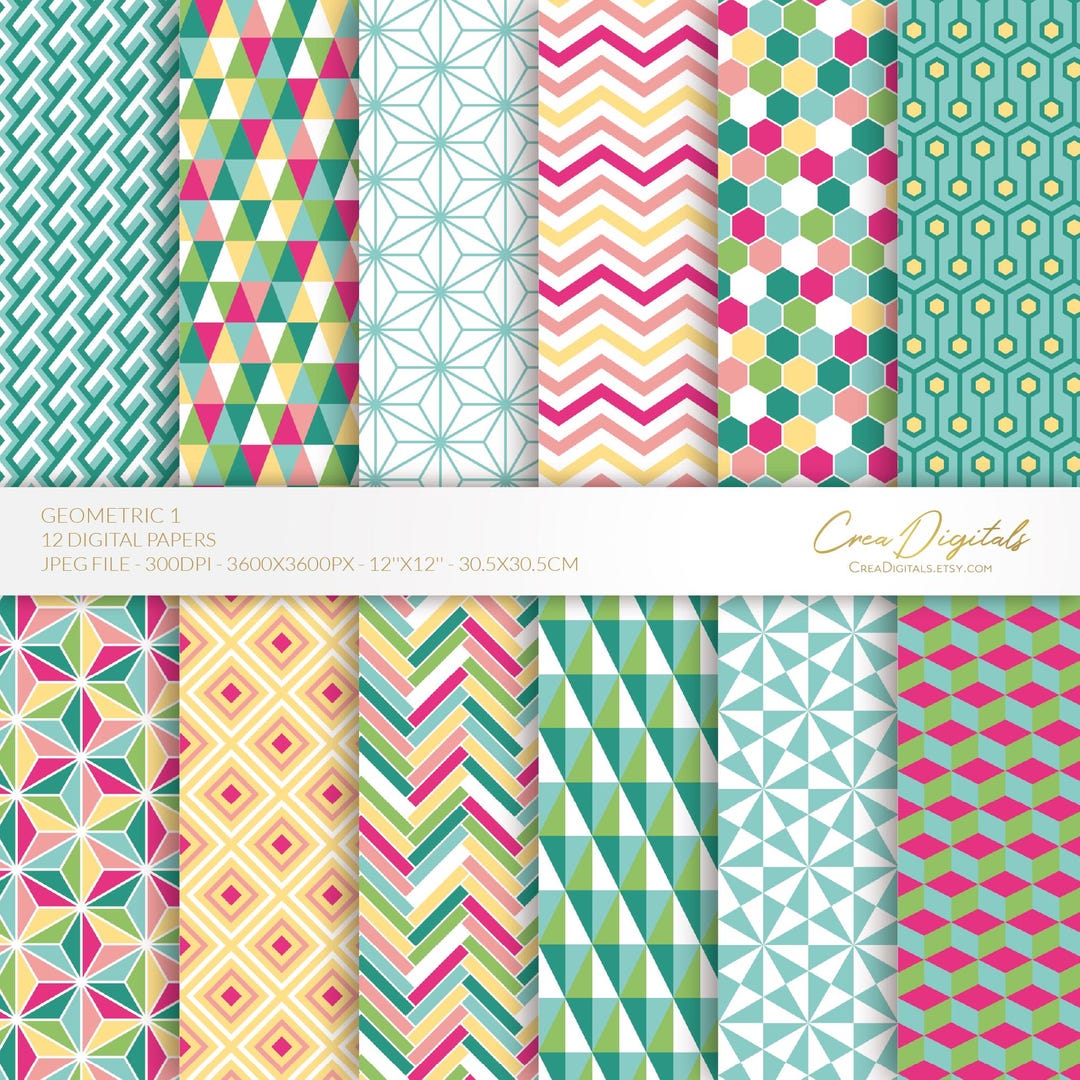 Geometric Digital Pattern, 12 Green, Yellow and Pink Printable Papers ...