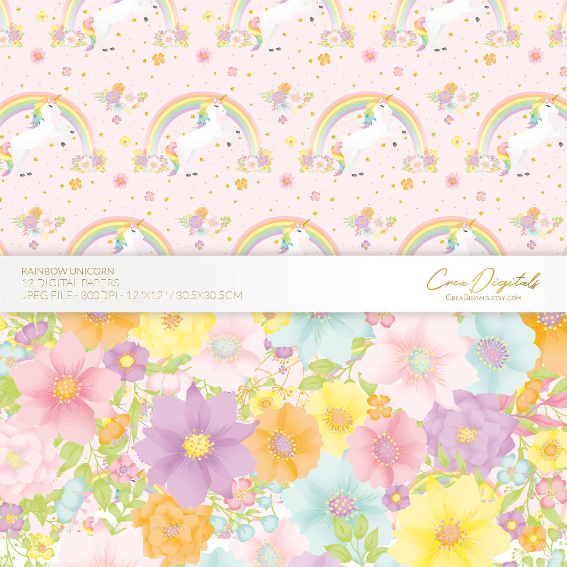 Unicorn Pastel Rainbow Papers, Gold Glitter Unicorn Seamless Pattern ...