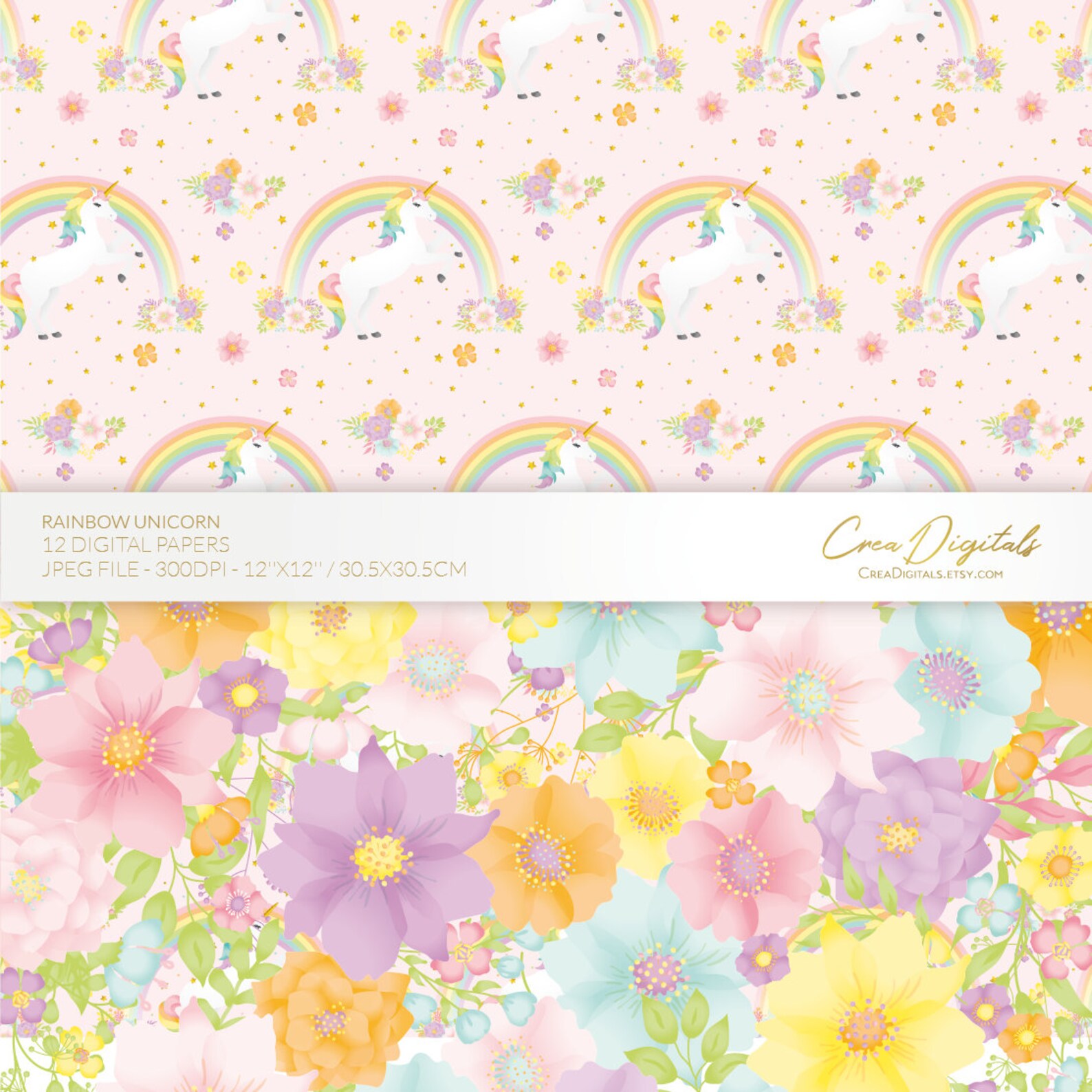 Unicorn Pastel Rainbow Papers, Gold Glitter Unicorn Seamless Pattern ...