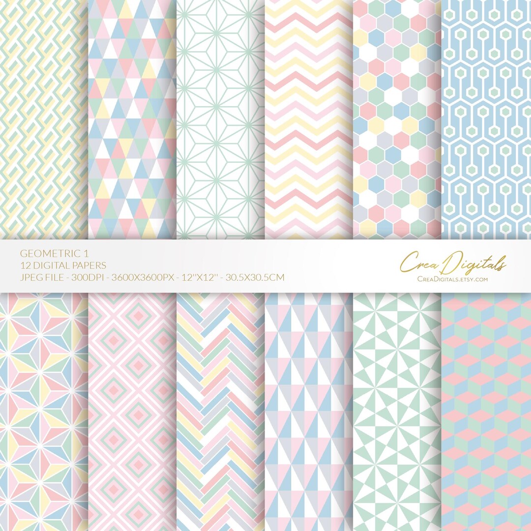Geometric Digital Pattern, 12 Pastel Pink, Blue and Green Printable ...