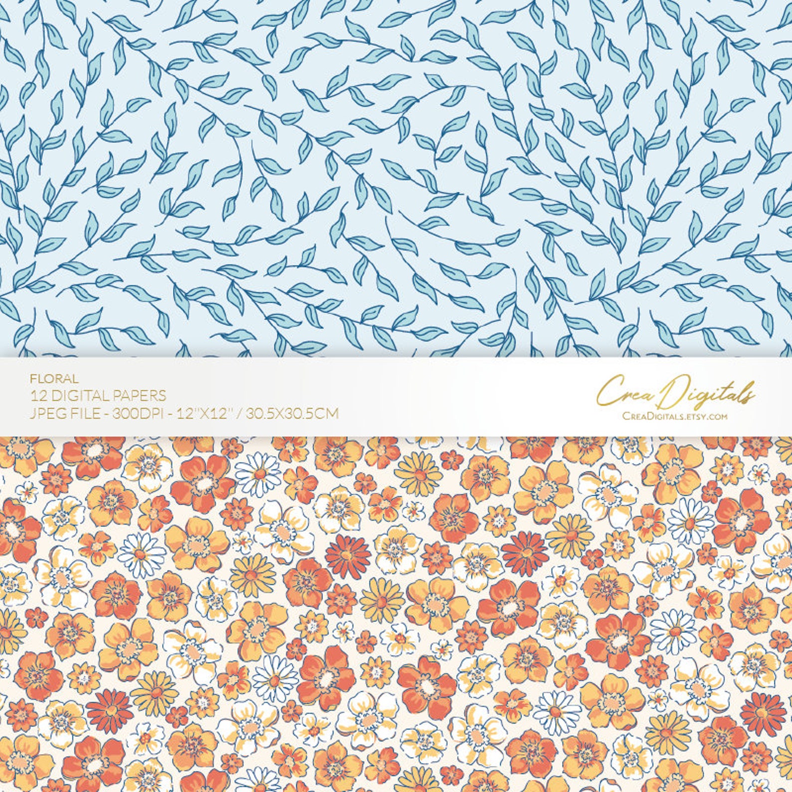 Floral Digital Paper Navy Coral and Yellow Seamless Pattern - Etsy