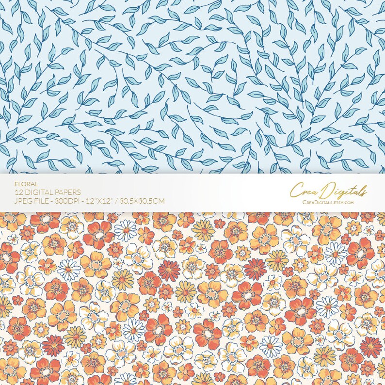 Floral Digital Paper, Navy, Coral and Yellow Seamless Pattern, Ditsy ...