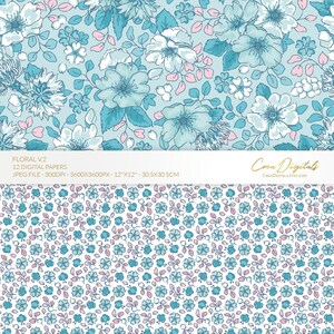 Floral Digital Paper, Blue, Aqua and Pink Seamless Pattern, Ditsy ...