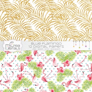 Tropical Gold Glitter Flamingo, 12 Digital Paper Pack, INSTANT DOWNLOAD ...