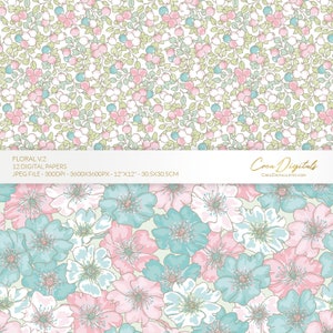 Floral Digital Paper, Turquoise, Pink and Green Seamless Pattern, Ditsy ...