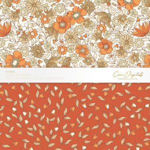 Floral Digital Paper, Brick, Cream and Kaki Seamless Pattern, Ditsy ...