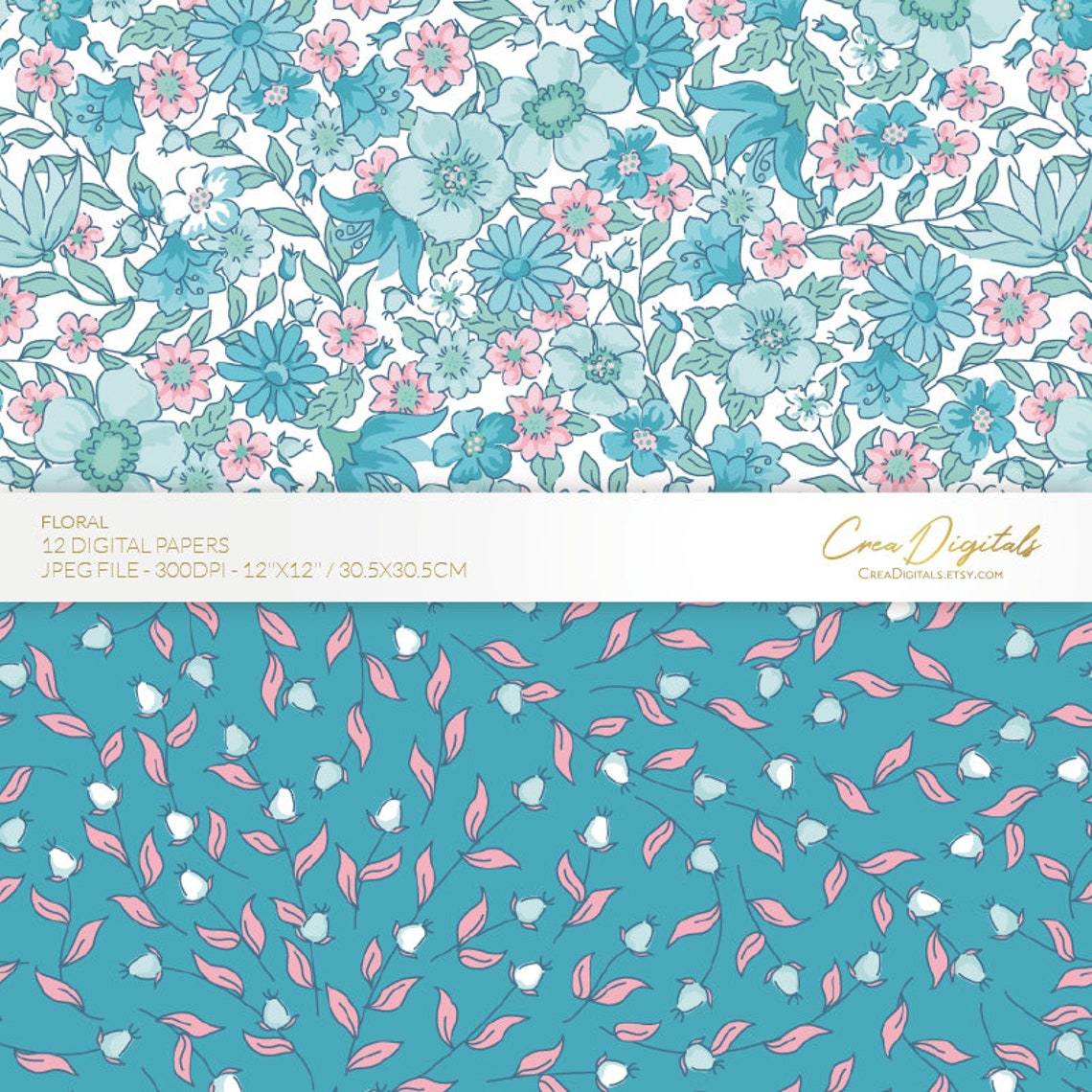 Floral Digital Paper, Blue, Aqua and Pink Seamless Pattern, Ditsy ...