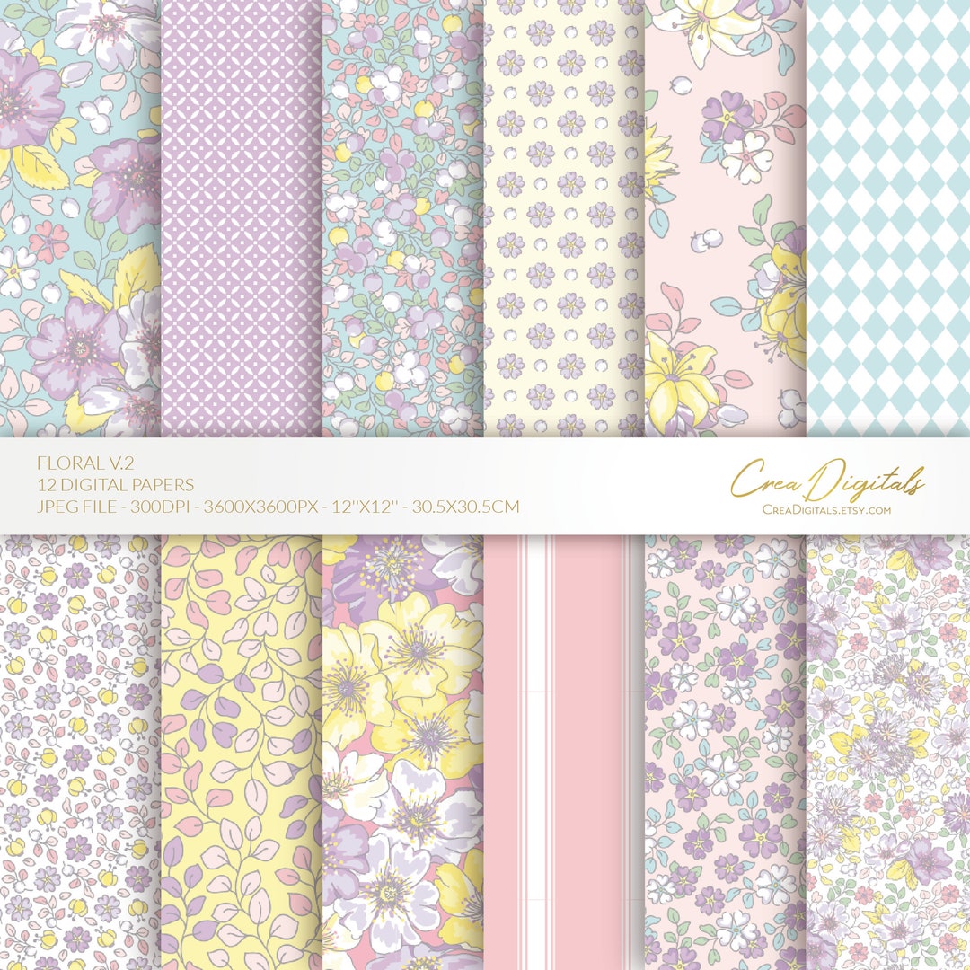 Floral Digital Paper, Lilac, Yellow, Blue and Pink Seamless Pattern ...