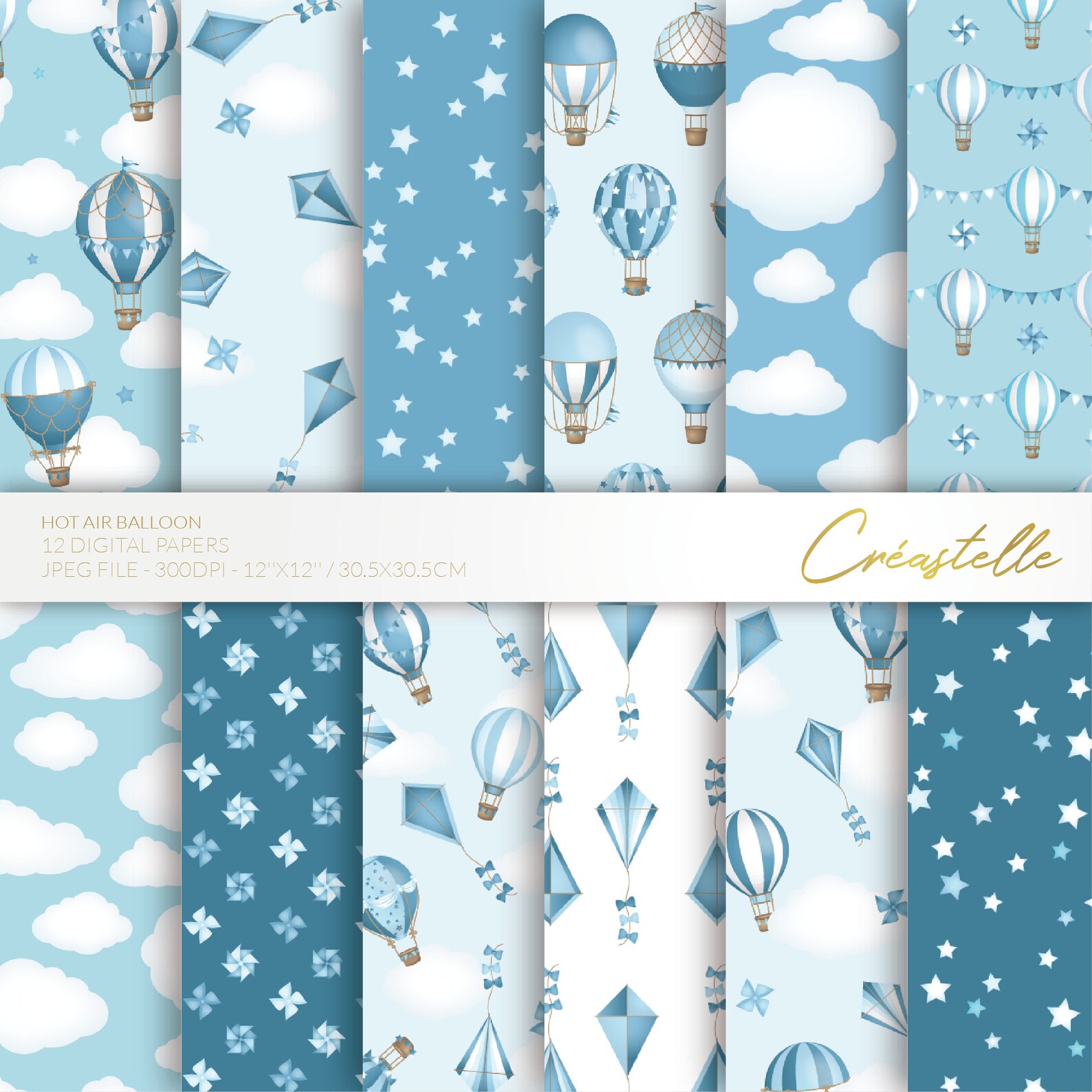 Hot Air Balloon Digital Paper, Kite, Clouds, Bow, Pinwheel, Stars, Blue ...