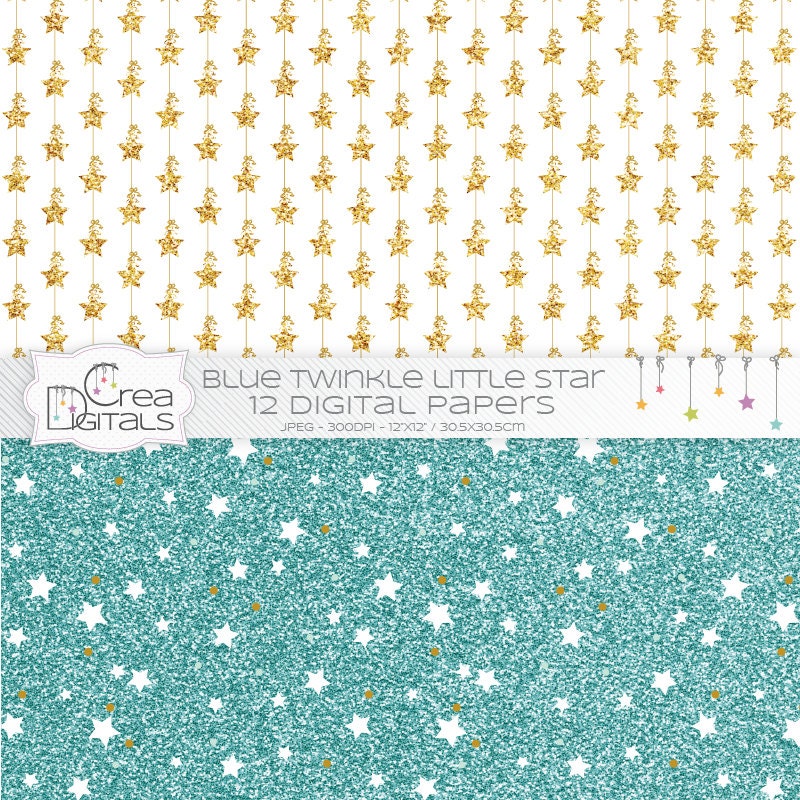 Mint and Gold Glitter Twinkle Little Star 12 Digital Papers | Etsy