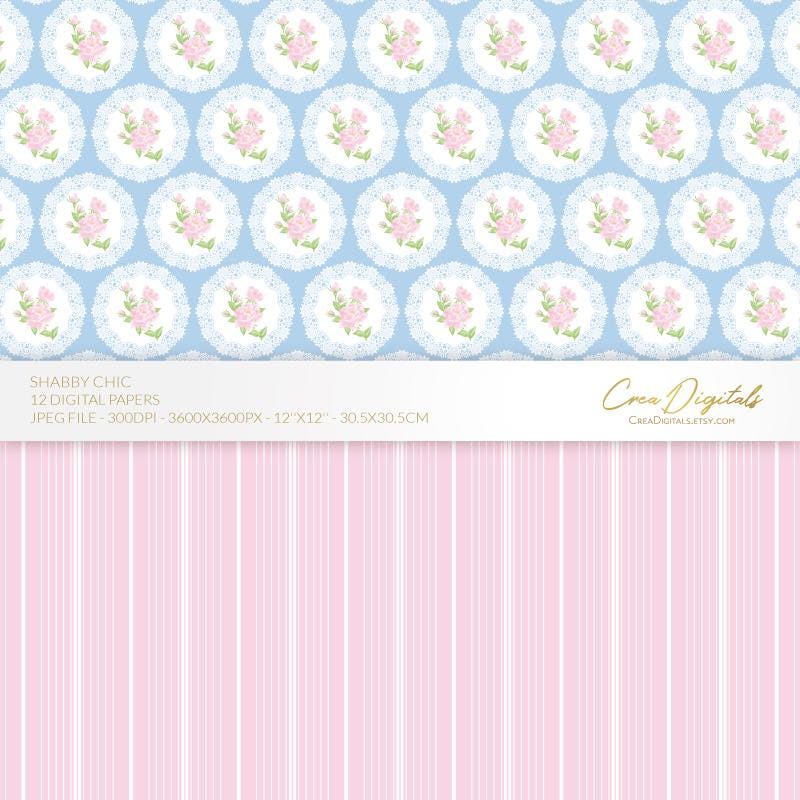 Shabby Chic Digital Paper, Baby Pink and Blue Seamless Floral Pattern ...