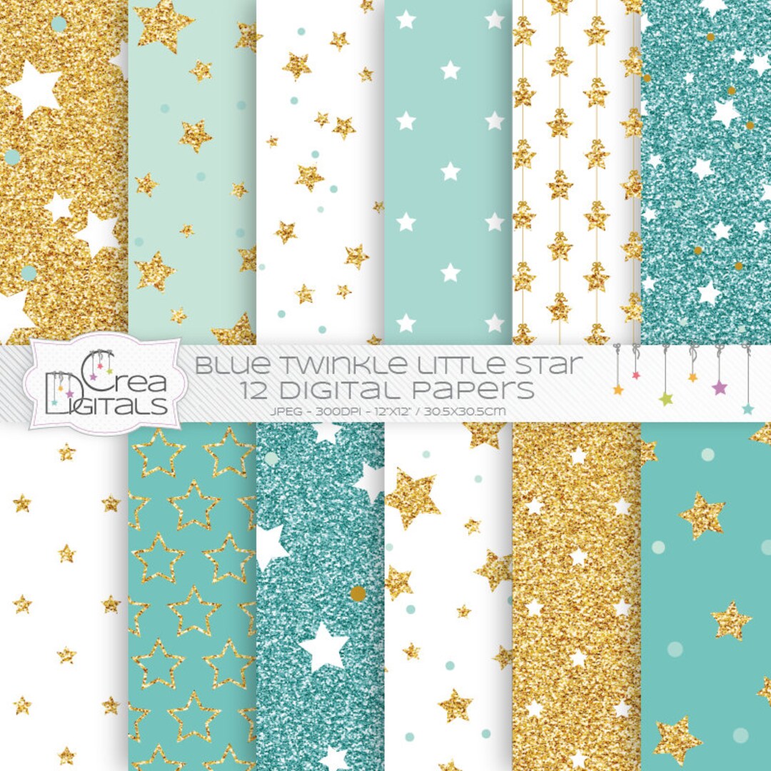 Mint and Gold Glitter Twinkle Little Star 12 Digital Papers, INSTANT ...