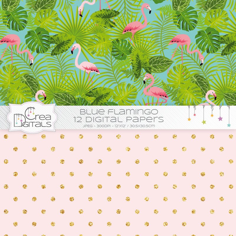 Tropical Gold Glitter Flamingo, 12 Digital Paper Pack, INSTANT DOWNLOAD ...