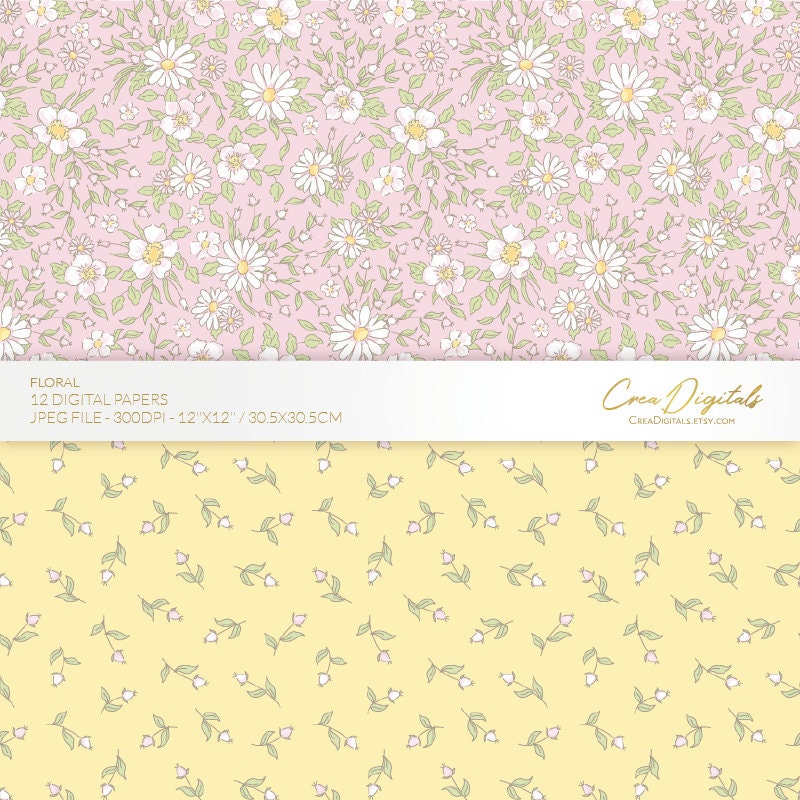 Floral Digital Paper Green Yellow and Pink Seamless Pattern - Etsy