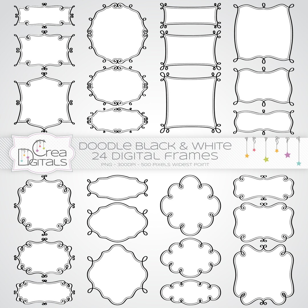 Doodle Frames With Black Outlines, 24 Digital Hand Draw Frames, INSTANT ...