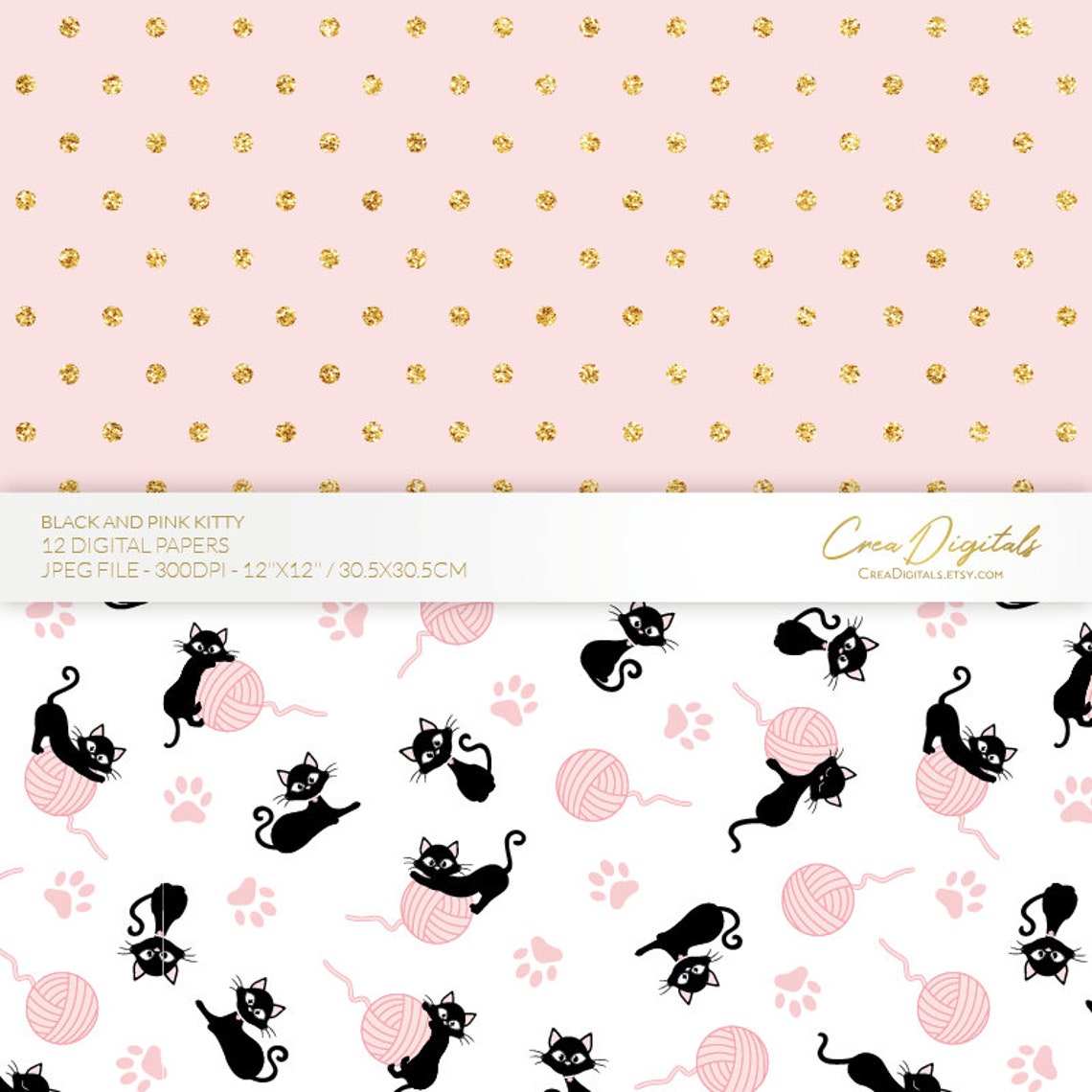 Cat Digital Paper, Kitty Pattern, Black, Gold and Pink Kitten, Pets ...