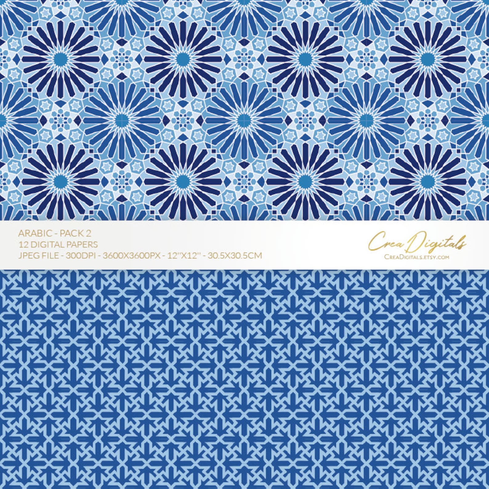 Arabic Pattern, Blue 12 Digital Paper Pack 2, Seamless Moroccan Pattern ...