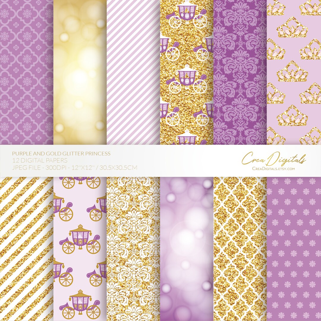 Glitter Fairy Princess, 12 Purple and Gold Digital Papers, INSTANT ...