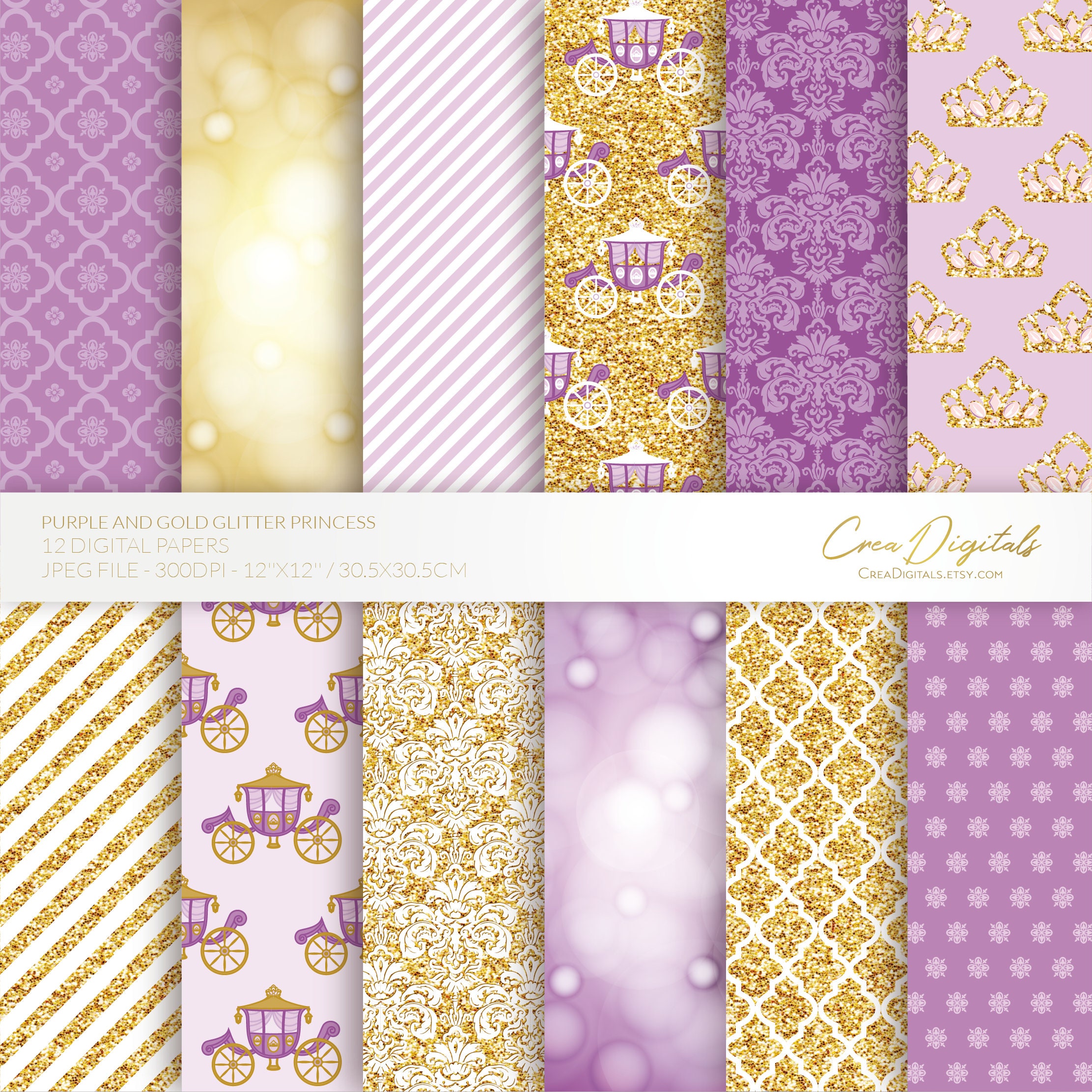Glitter Fairy Princess, 12 Purple and Gold Digital Papers, INSTANT ...