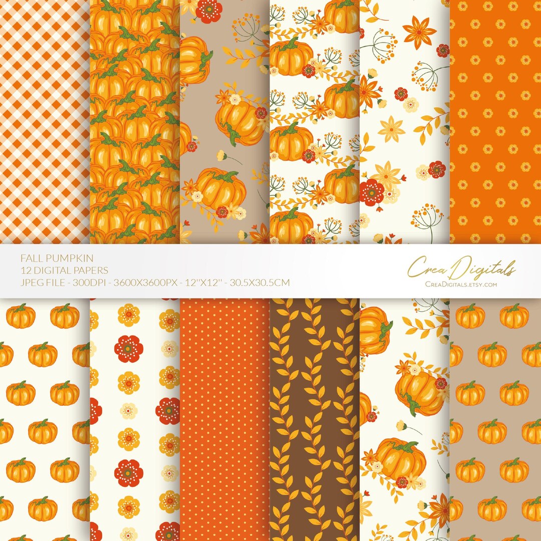 Pumpkin Digital Pattern, 12 Fall Printable Papers, Orange and Cream ...