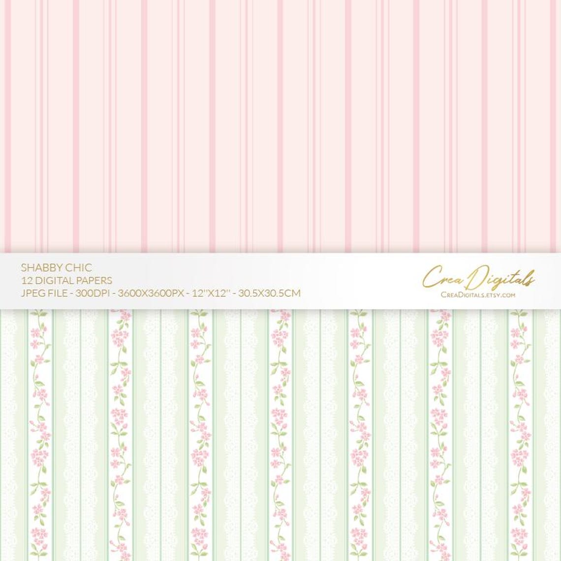 Shabby Chic Digital Paper, Mint Green and Pink Seamless Floral Pattern ...