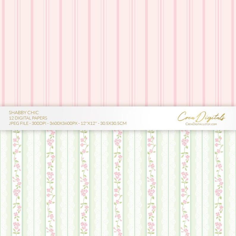 Shabby Chic Digital Paper, Mint Green and Pink Seamless Floral Pattern ...