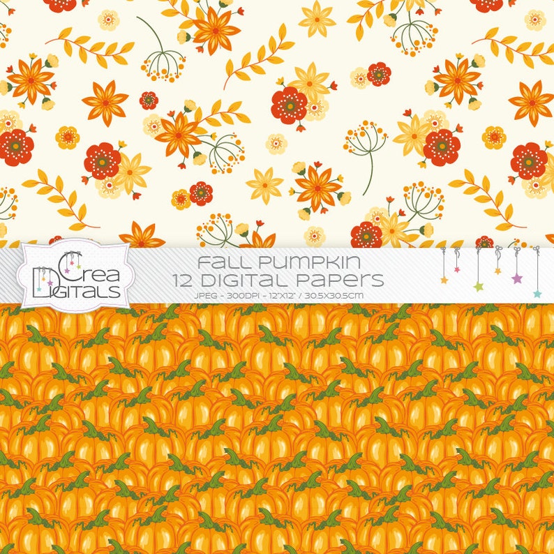 Fall orange pumpkin and flowers digital papers INSTANT | Etsy