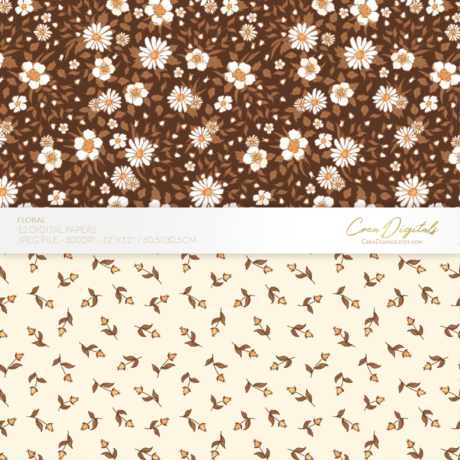 Floral Digital Paper, Brown, Orange and Pink Seamless Pattern, Ditsy ...