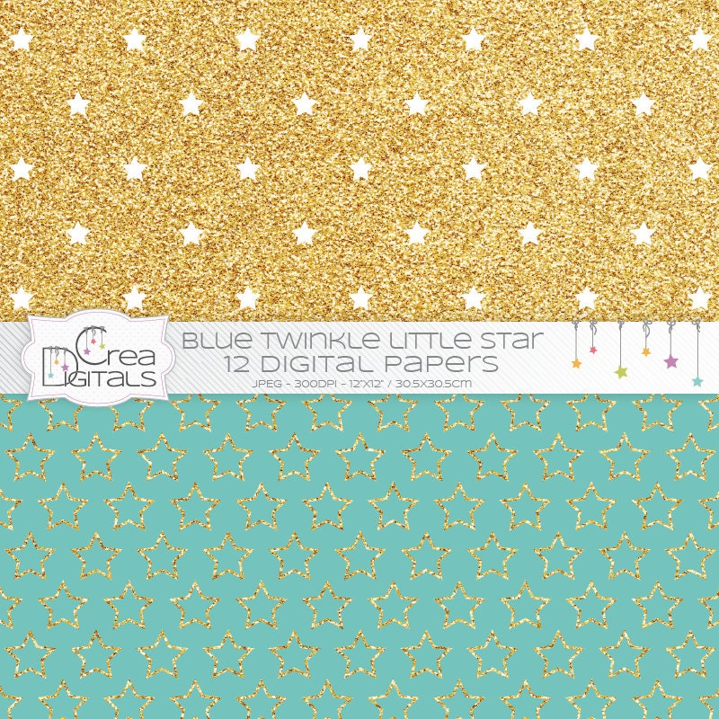 Mint and Gold Glitter Twinkle Little Star 12 Digital Papers, INSTANT ...
