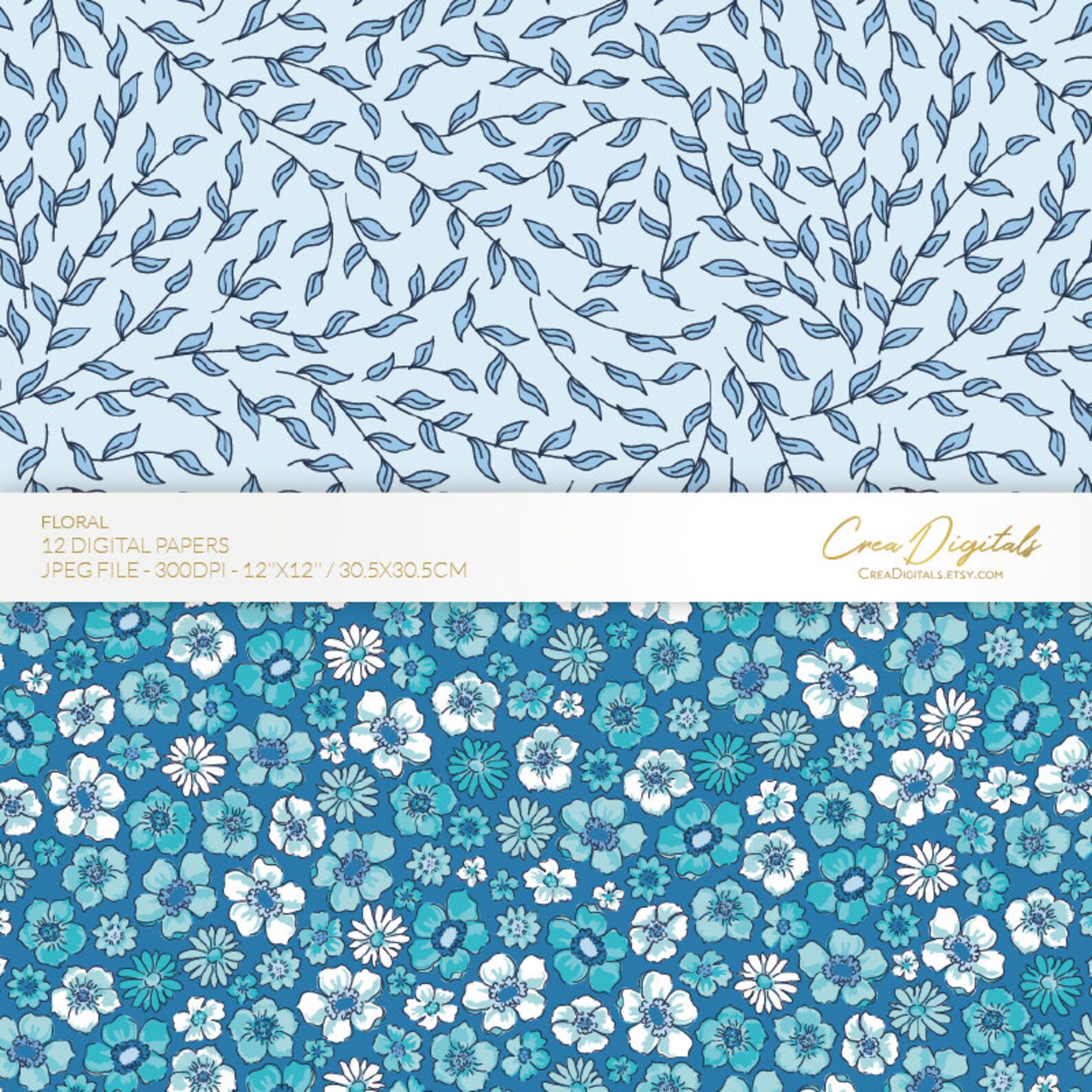 Floral Digital Paper, Blue, Aqua and Navy Seamless Pattern, Ditsy ...