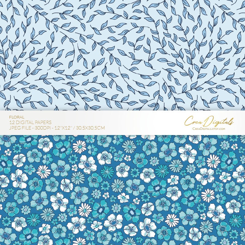 Floral Digital Paper, Blue, Aqua and Navy Seamless Pattern, Ditsy ...