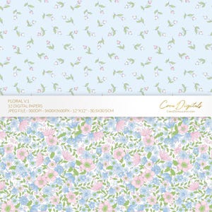 Floral Digital Paper, Baby Blue, Pink and Green Seamless Pattern, Ditsy ...