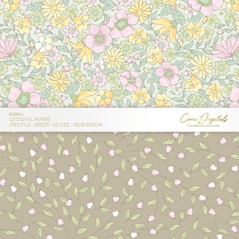 Floral Digital Paper, Green, Yellow and Pink Seamless Pattern, Ditsy ...