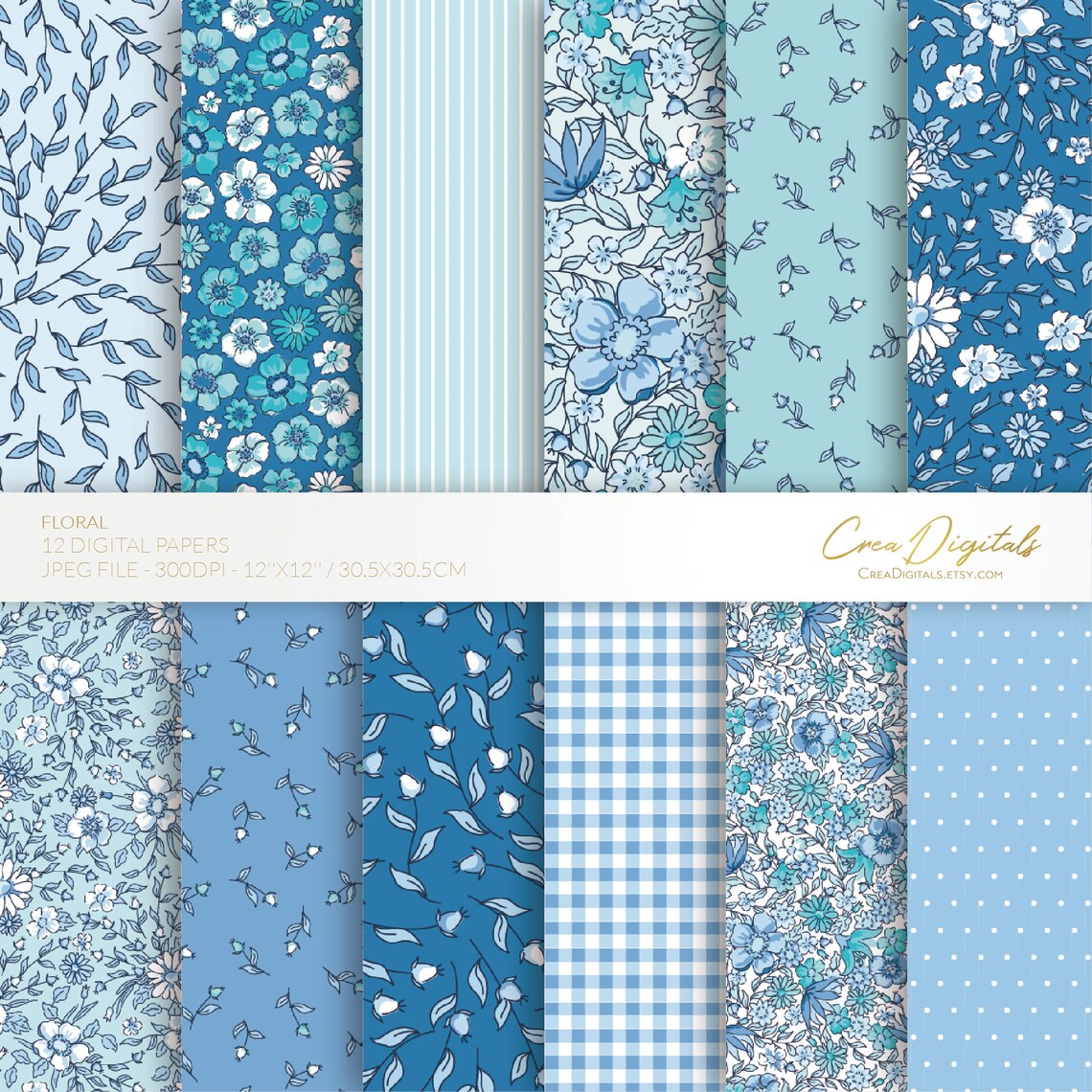 Floral Digital Paper, Blue, Aqua and Navy Seamless Pattern, Ditsy ...