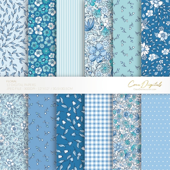 Floral Digital Paper Blue Aqua and Navy Seamless Pattern - Etsy
